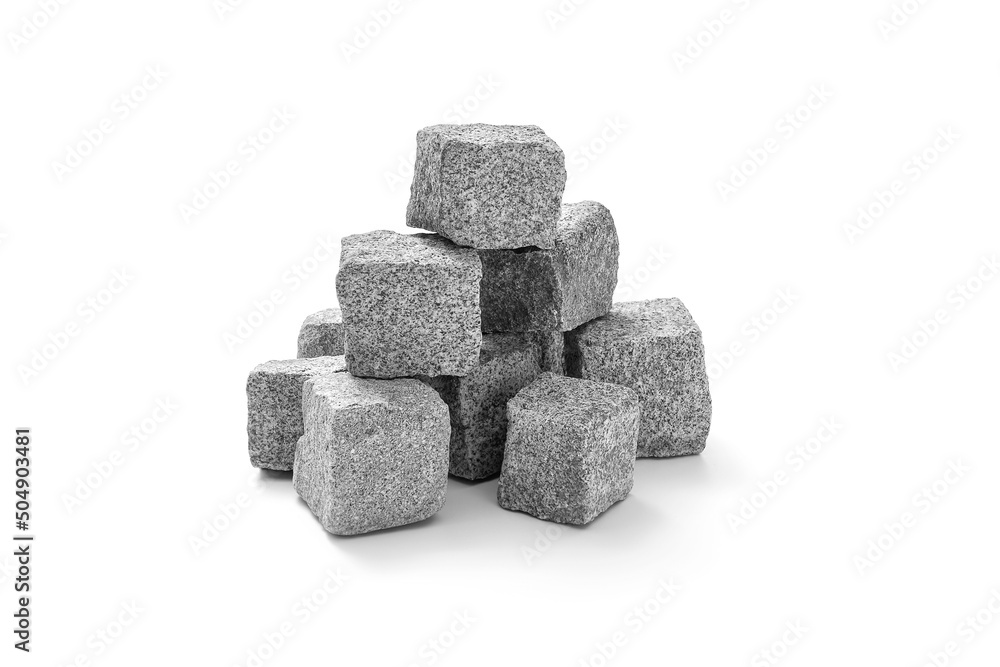 Granite stone cubes, cobblestone pavement on white background Stock ...