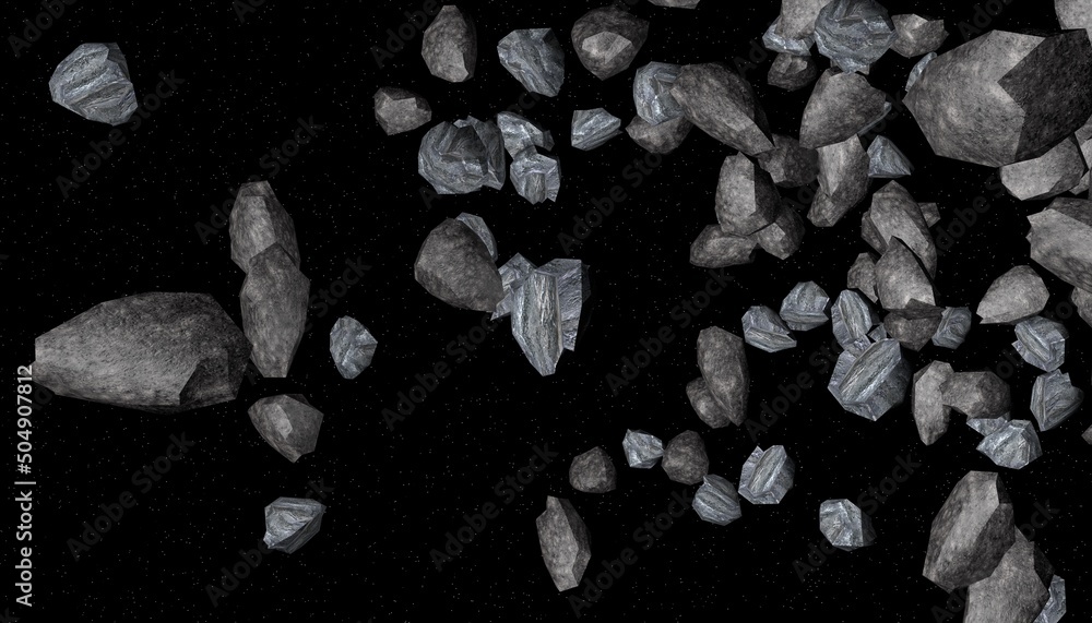 Asteroid meteorites fly and rotate in outer space. Realistic 3D render ...