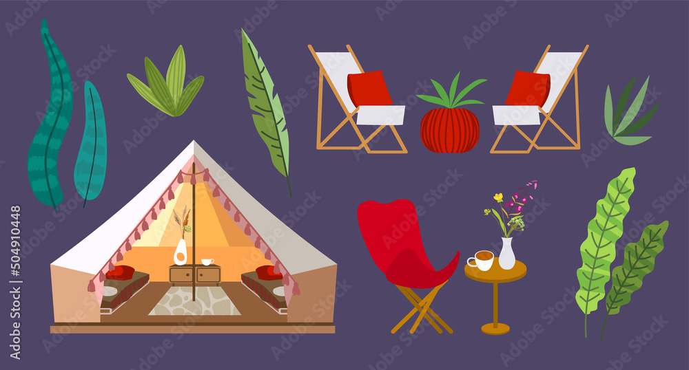 Glamping vector illustration. Beautiful picture with marquee and ...