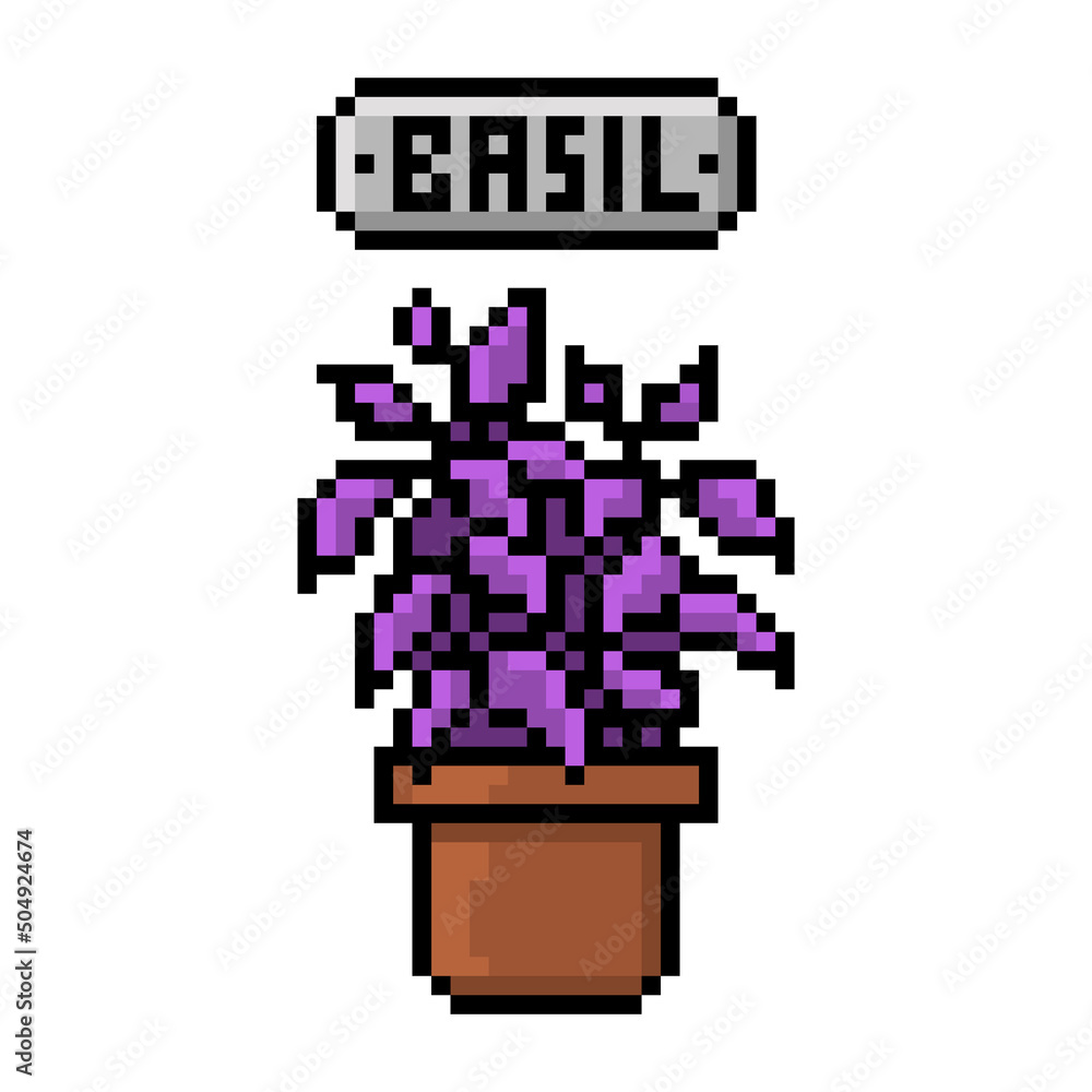 Purple basil bush growing in a pot, pixel art herb icon isolated on ...
