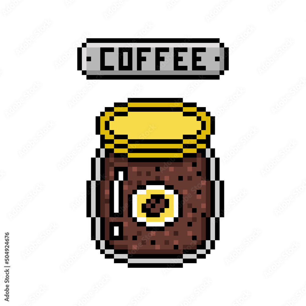 Granulated instant coffee in a glass jar, pixel art food icon isolated ...