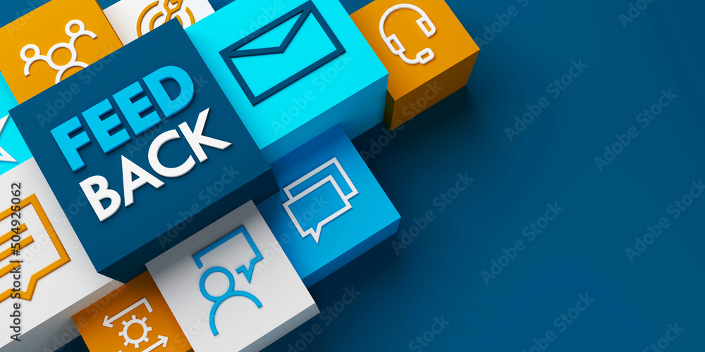 3D render of wide perspective view of FEEDBACK business concept with ...