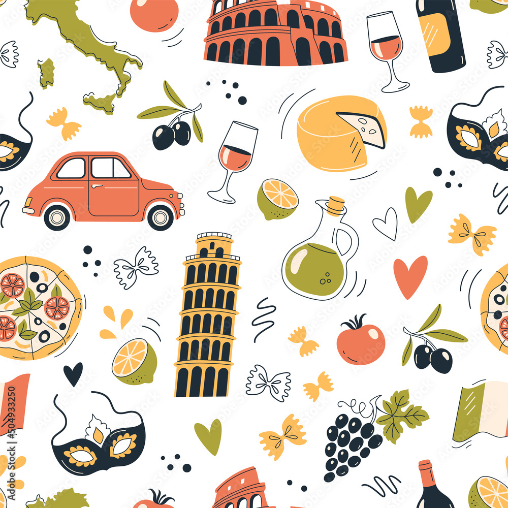 Italian Holidays pattern. Vector cartoon seamless pattern in modern ...