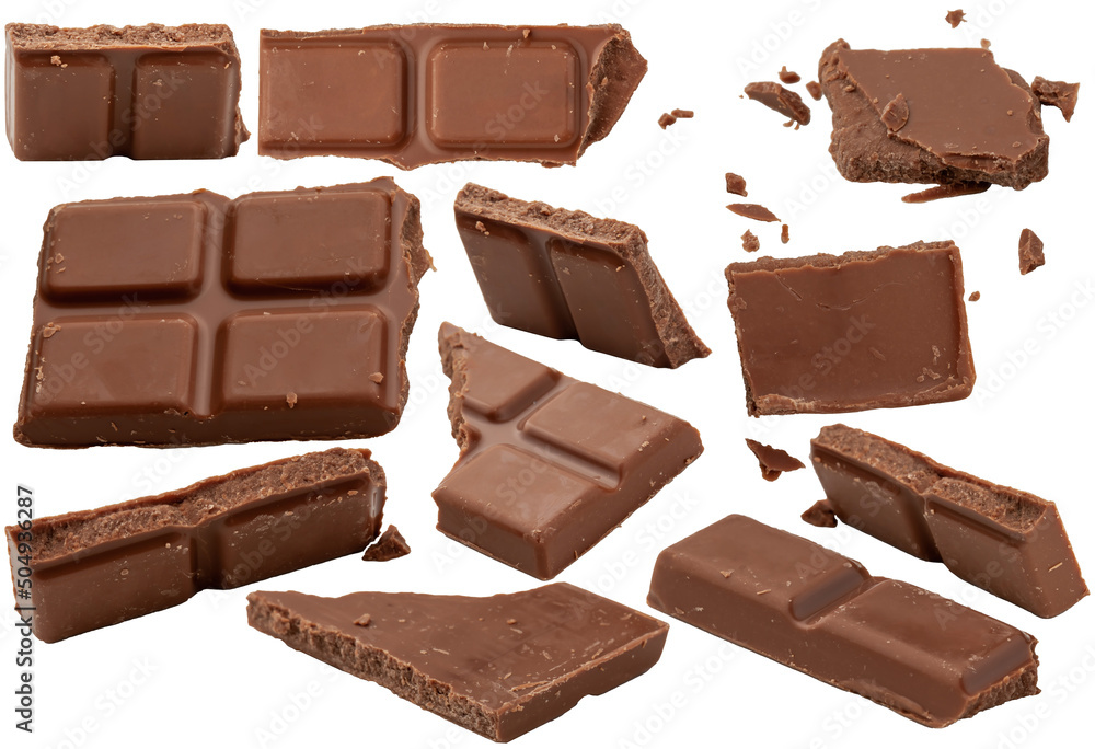 Milk chocolate broken into pieces. Chocolate bar, crumb, shavings ...