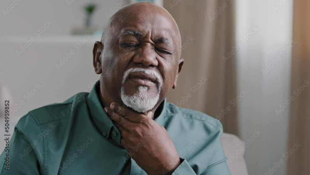 Sick African old man suffer from sore throat painful tonsillitis ...