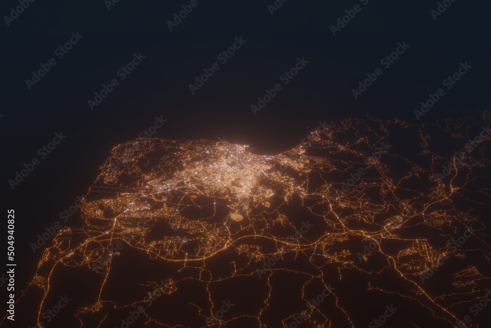 Aerial shot of Tangier (Morocco) at night, view from south. Imitation ...