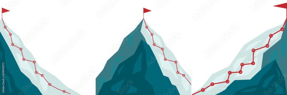 Set of Mountain climbing route to peak in flat style. Business journey ...