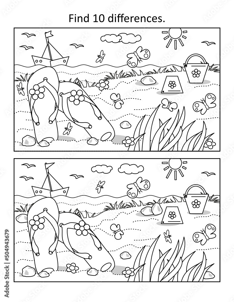 Find 10 differences visual puzzle and coloring page. Summer vacation ...