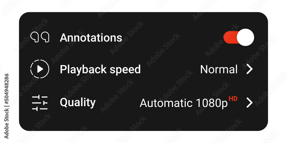 Video player quality section and other tools bar. Video quality icon ...