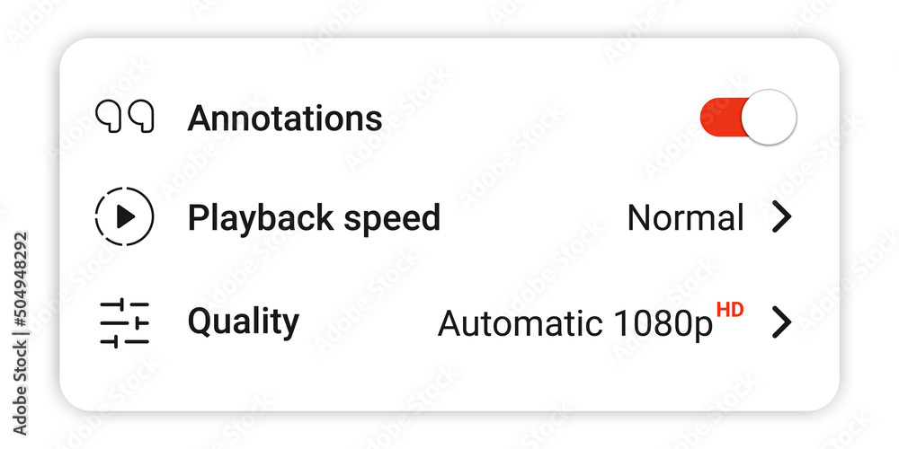 Video player quality section and other tools bar. Video quality icon ...