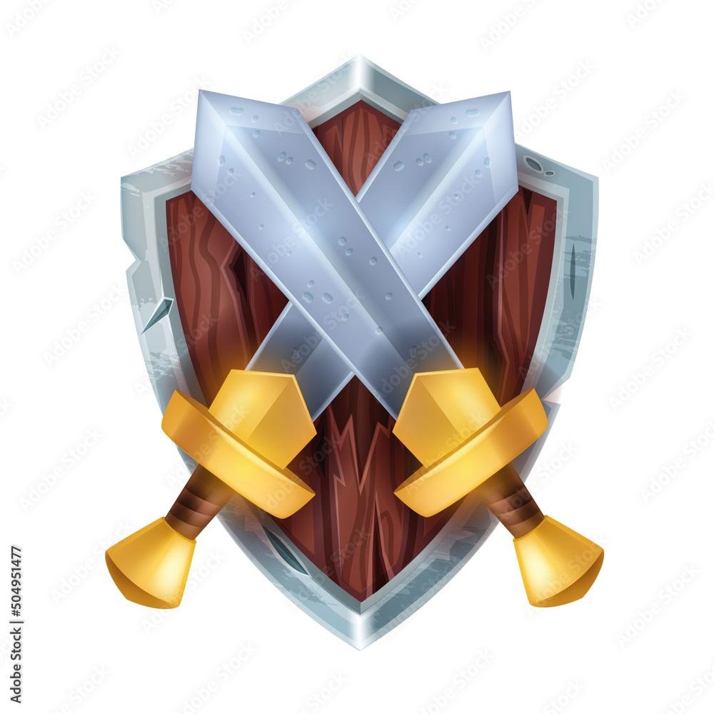 Game sword icon, vector medieval wooden shield, warrior knight emblem ...