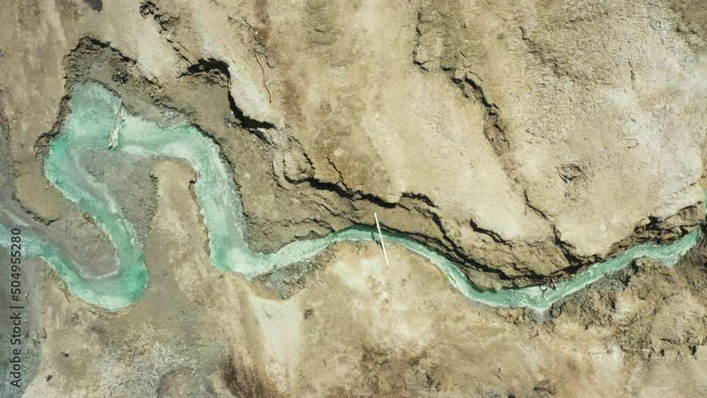 Dead Sea Hot Springs dramatic wide aerial top down shot following ...