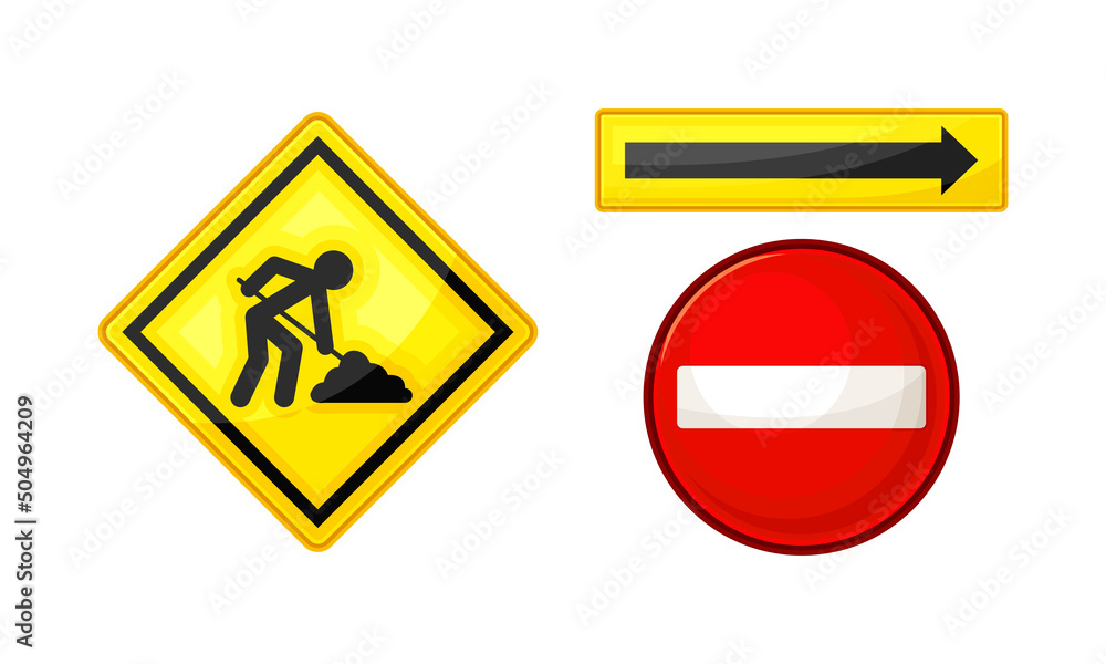 Road signs set. Under construction, no entry, yellow direction sign ...