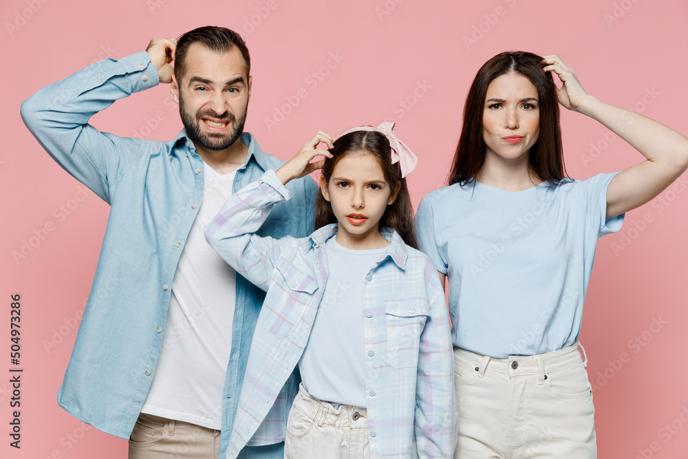 Young mistaken confused sad parents mom dad with child kid daughter ...