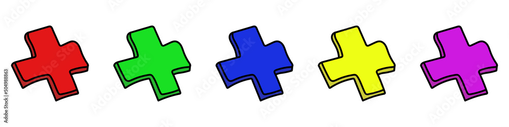 Plus signs in a drawn cartoon style vector set. Crosses in drawn ...