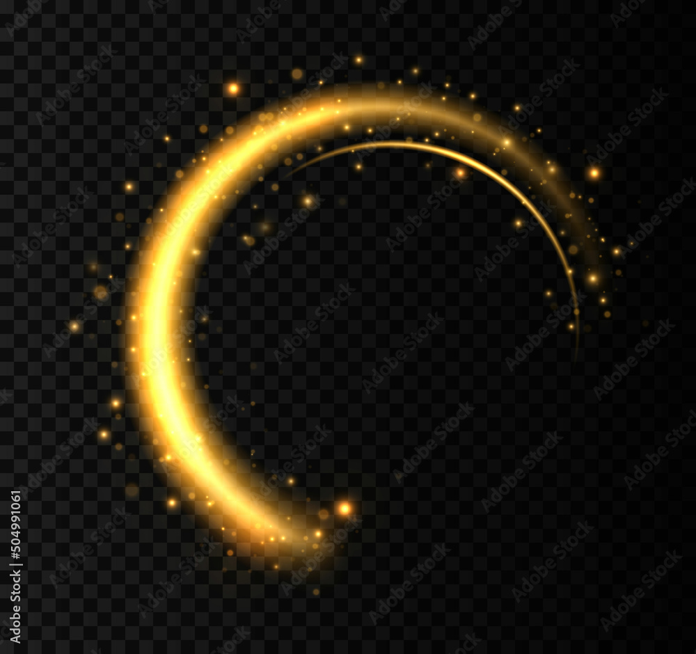 Gold light circle with sparkles. Light golden Spiral. Curve light ...