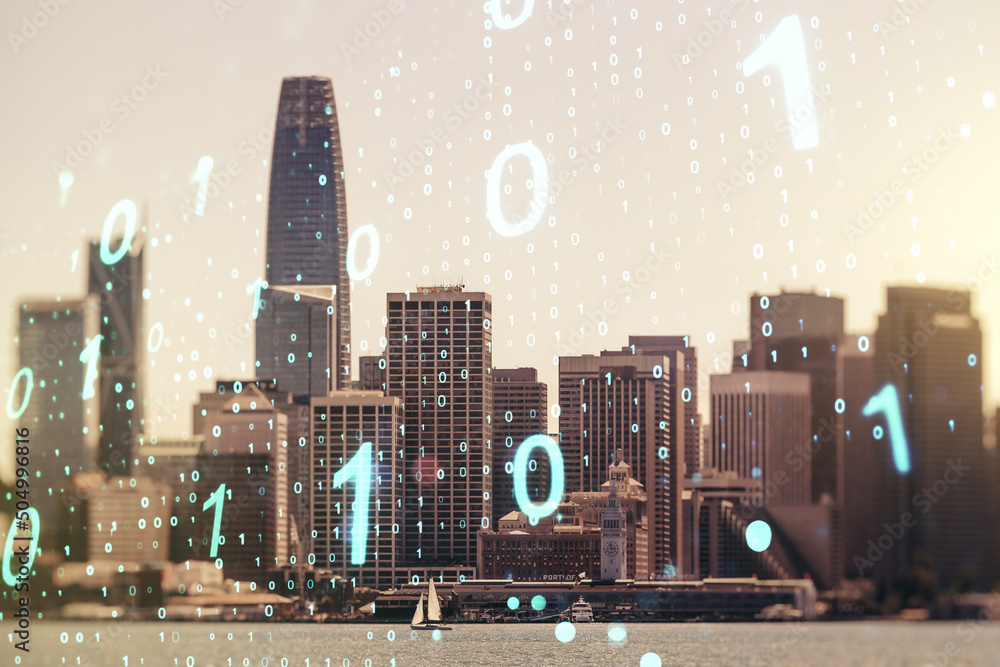 Abstract virtual binary code sketch on San Francisco office buildings ...