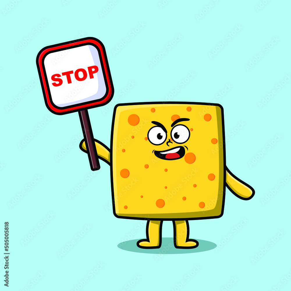 Cute Cartoon mascot illustration cheese with stop sign board vector ...