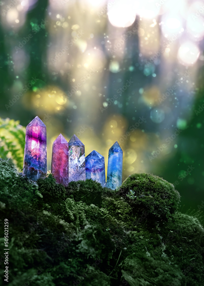 quartz gemstones towers on mysterious forest natural background ...