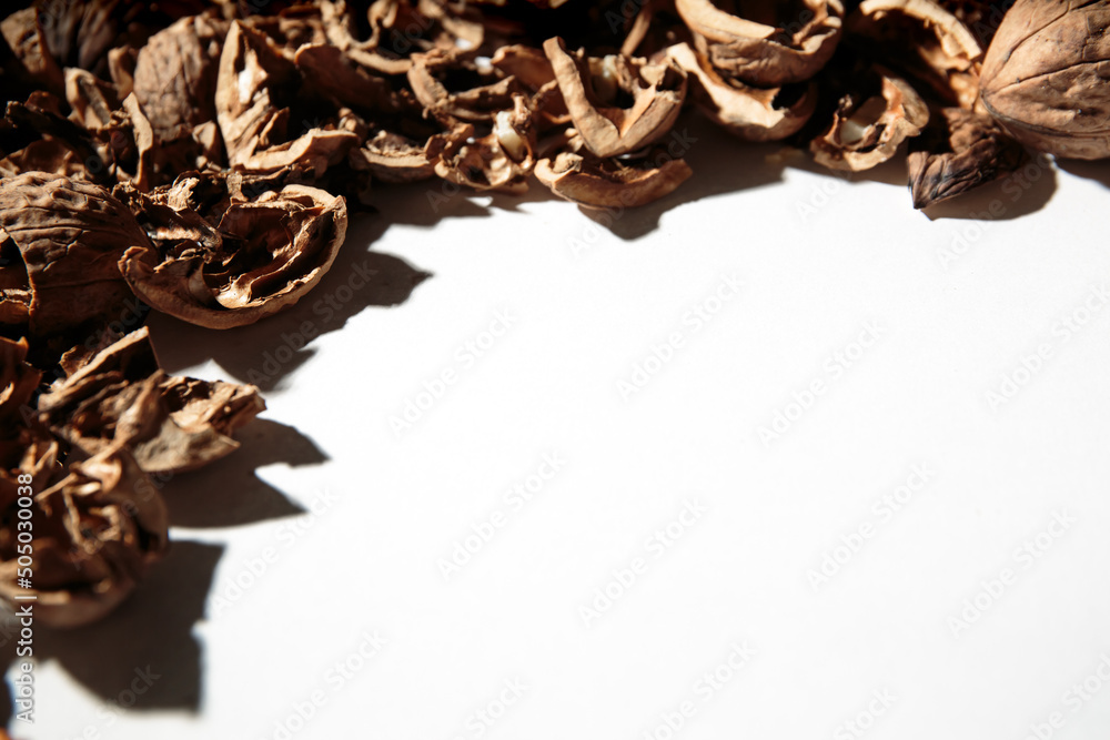 Empty walnut shell frame. Textured nut border with white place ...