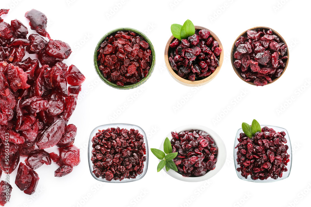 Set of bowls with dried cranberries on white background, top view Stock ...
