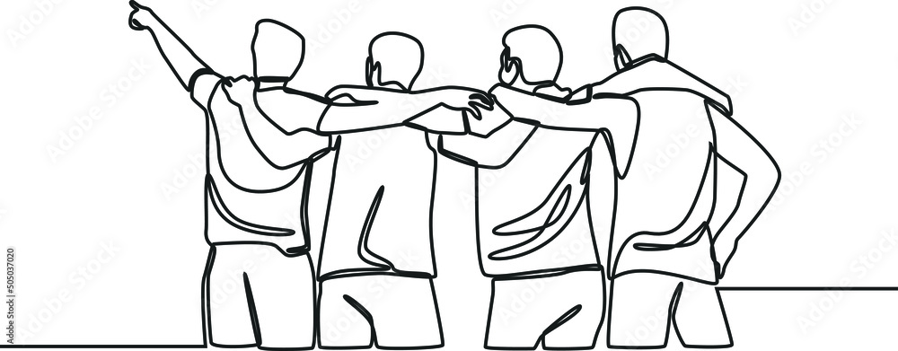One continuous line drawing of group of men standing together to show their friendship bonding ...