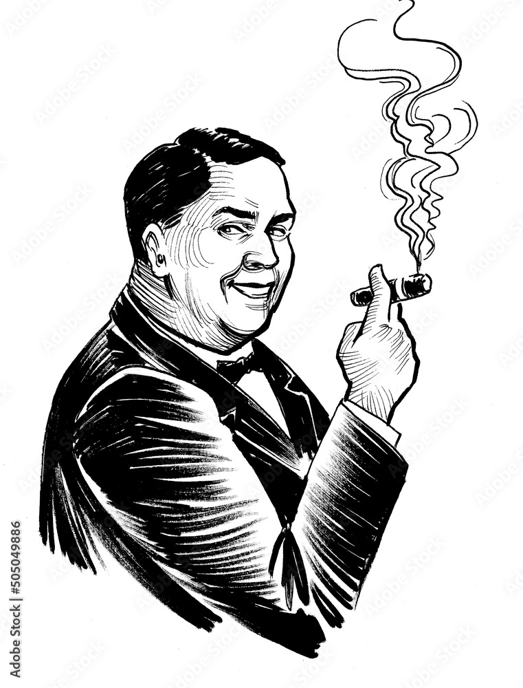 Smiling man smoking a cigar. Ink black and white drawing Stock ...