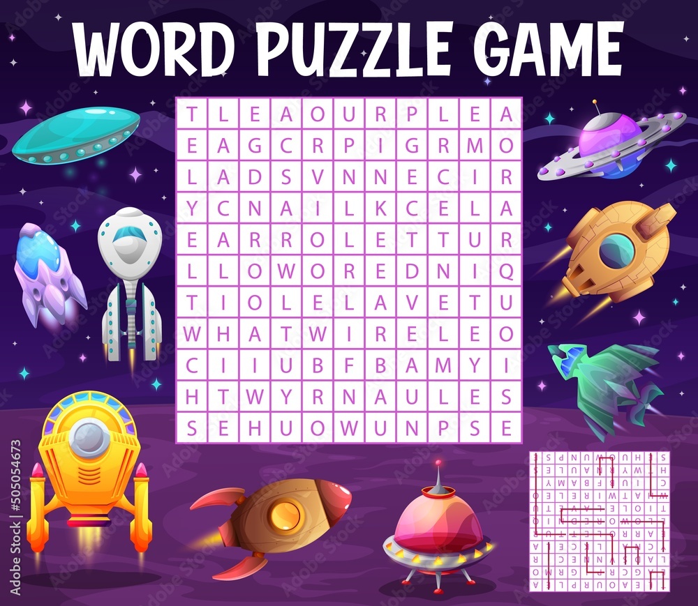 Find starship, UFO and spaceship colors word search puzzle quiz game ...