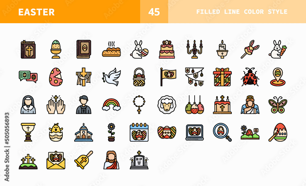 Easter icons set. Filled line color set of happy easter day vector icons for web design isolated ...