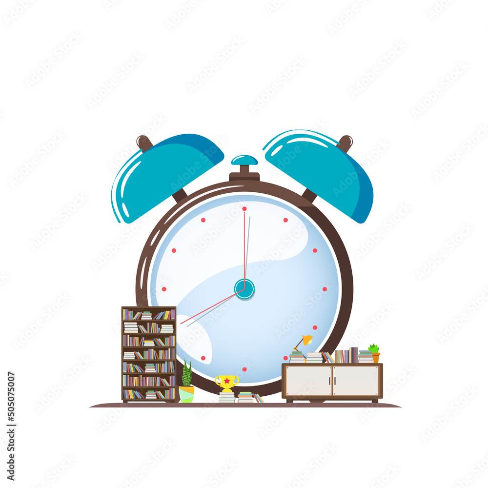 Concept of alarm clock its Time for a study with bookcase, books ...