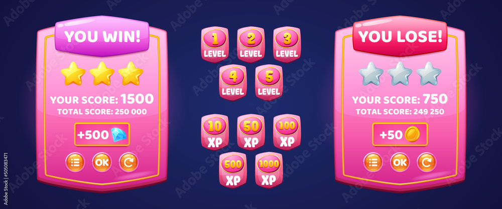 Game pink glossy boards of win or lose and labels of level number and ...