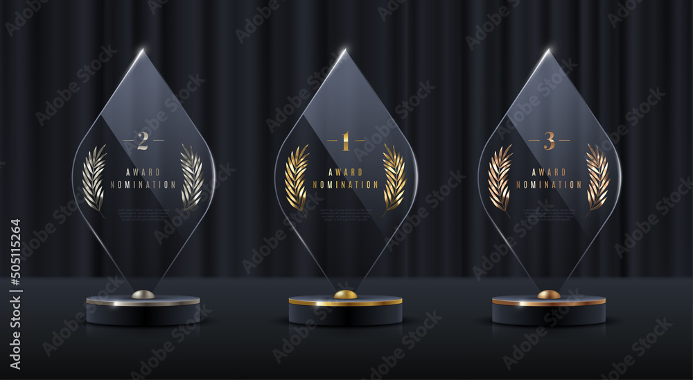 Glass award trophy set.Transparent prize template with golden palm ...