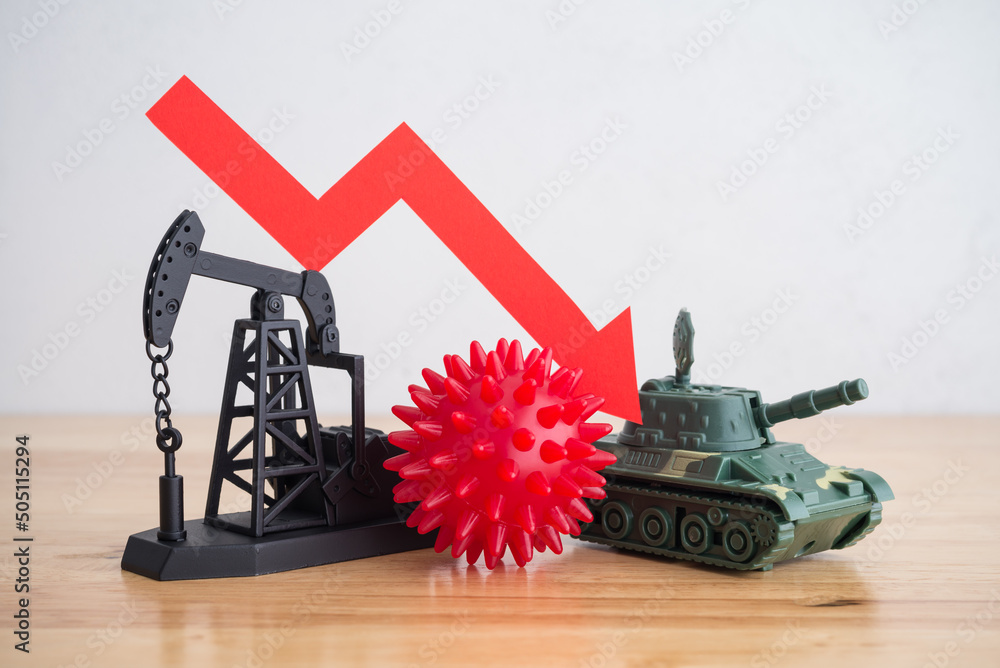 Crude oil pumpjack, Covid-19, battle tank model and red economic drop ...