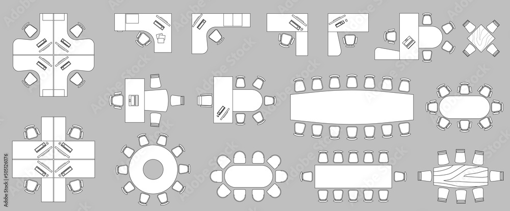 Office Furniture elements top view vector set. Kit for plan of office ...