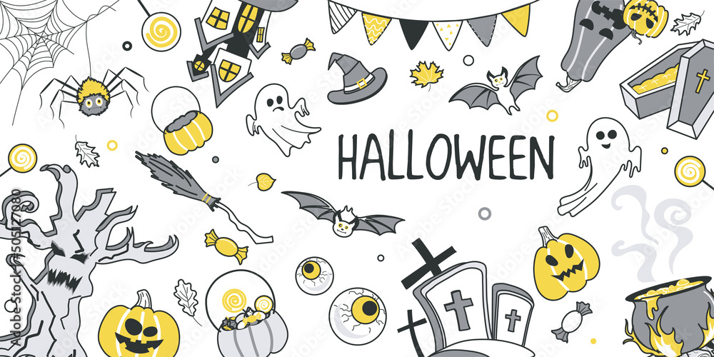 Halloween concept for banner design with flat line doodle pattern. Hand ...