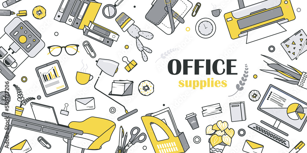 Office supplies concept for banner design with flat line doodle pattern ...