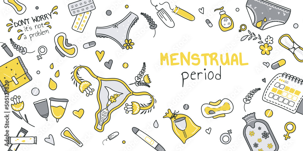 Menstrual period concept for banner design with flat line doodle ...