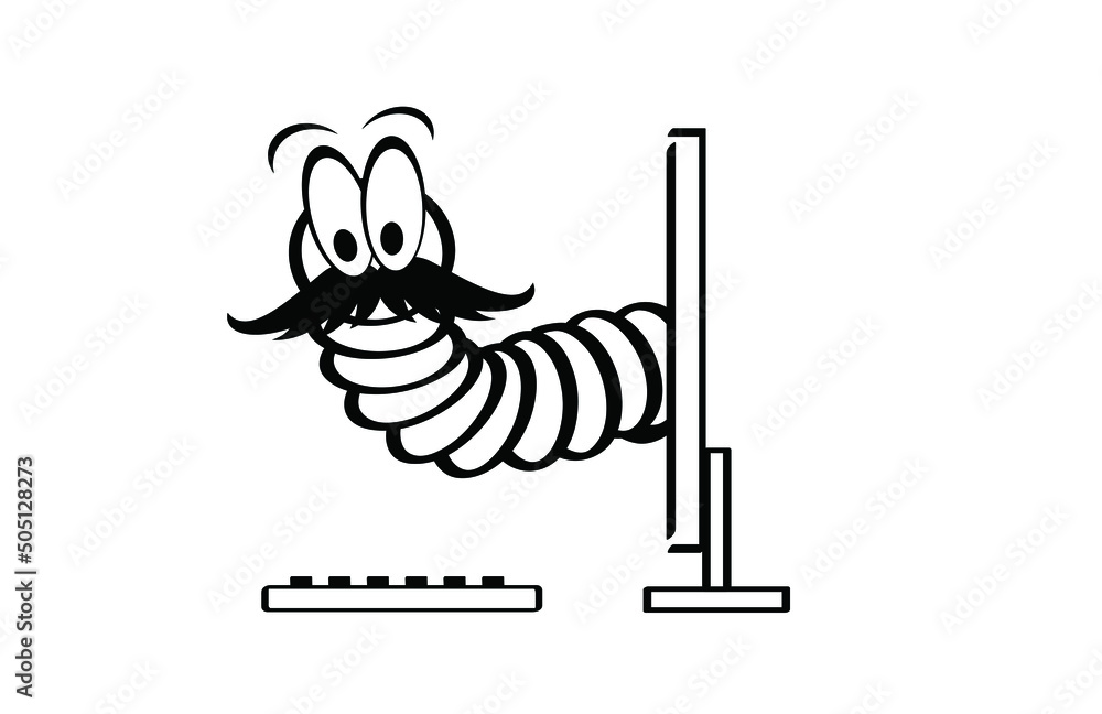 Cartoon computer worm with moustache or beard. Network, malware ...