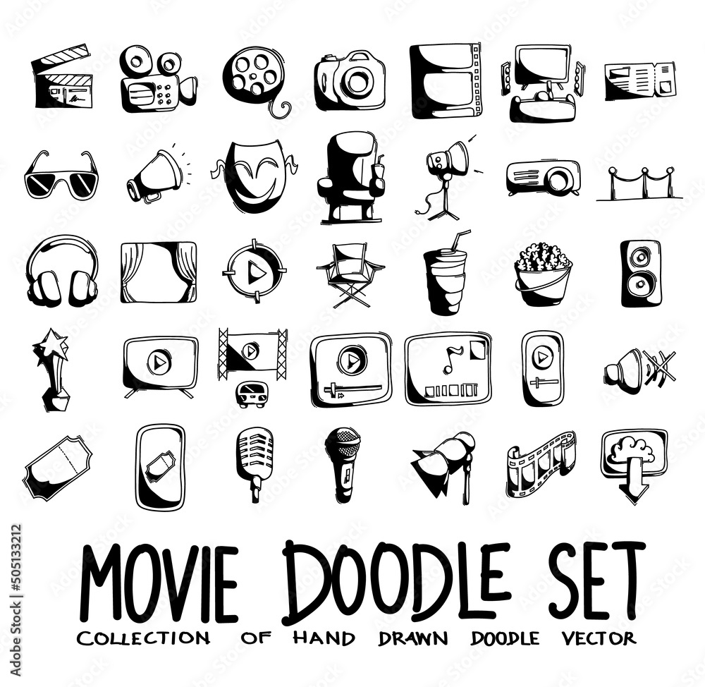 Movie Doodle vector icon set. Drawing sketch illustration hand drawn ...