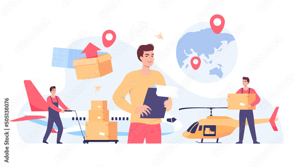 Cartoon delivery people loading and shipping parcels. Male characters ...