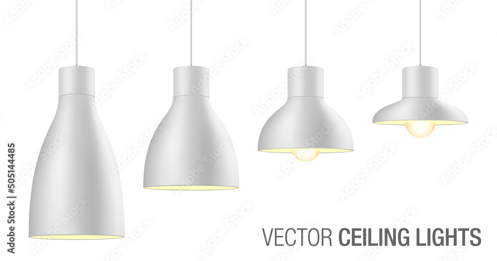 White ceiling light shade in different shapes and sizes. Metal pendant ...