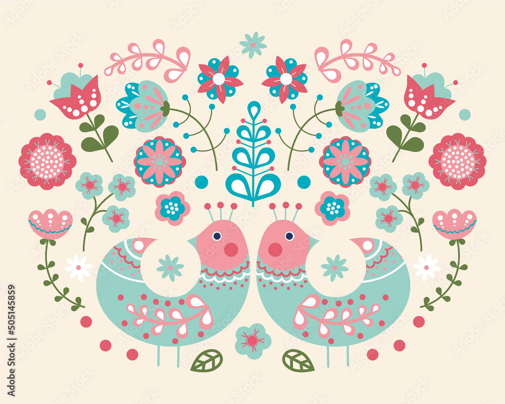 flowers, birds, folk drawing. A bright picture. children's drawing ...