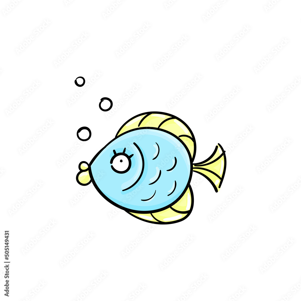 Hand drawn Cute Fish with fins, scales, tails and gills swimming in ...