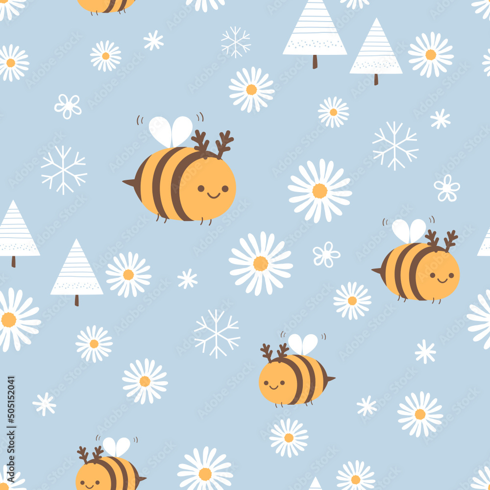 Christmas seamless patterns with bee cartoons, snow flakes, hand drawn ...