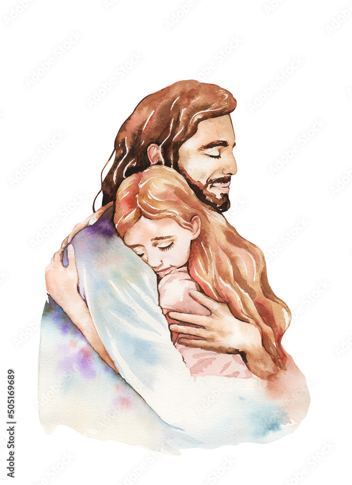 Watercolor illustration. Jesus and little girl, child on white ...