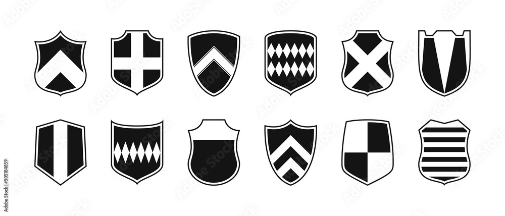 Shields set in different shapes and design. Coat of arms and blazons ...