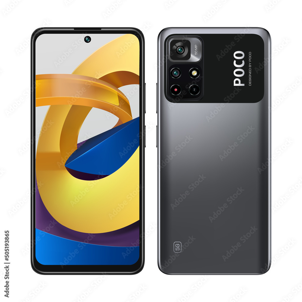 Smart phone Xiaomi Poco M4 Pro in front and back sides, in official ...