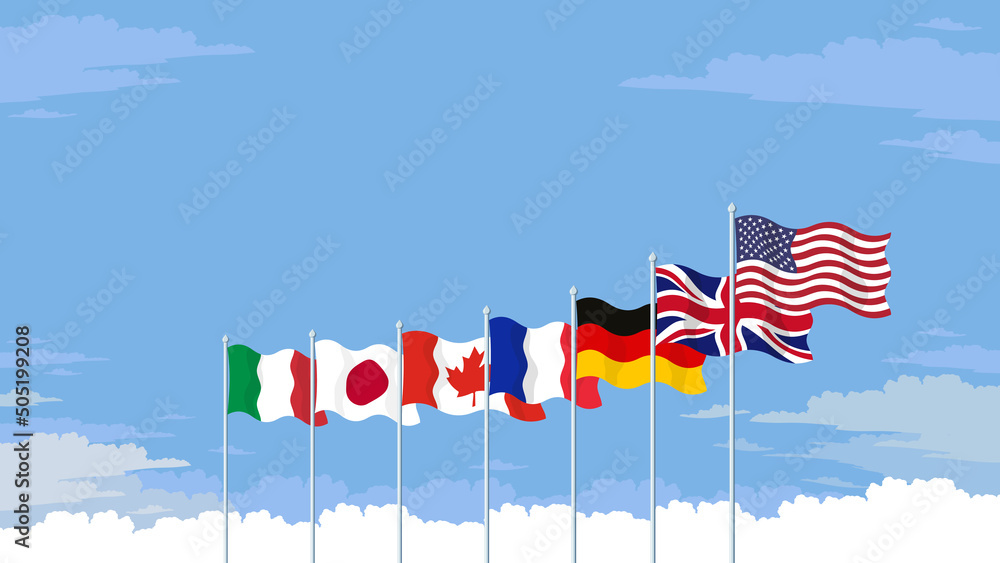 Detailed flat vector illustration of the flags of the G7 flying in ...