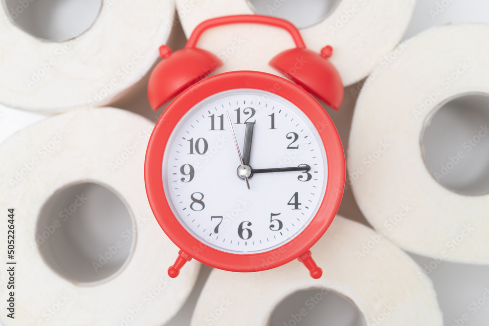 Alarm clock on the toilet paper. The concept of a restroom and problems ...