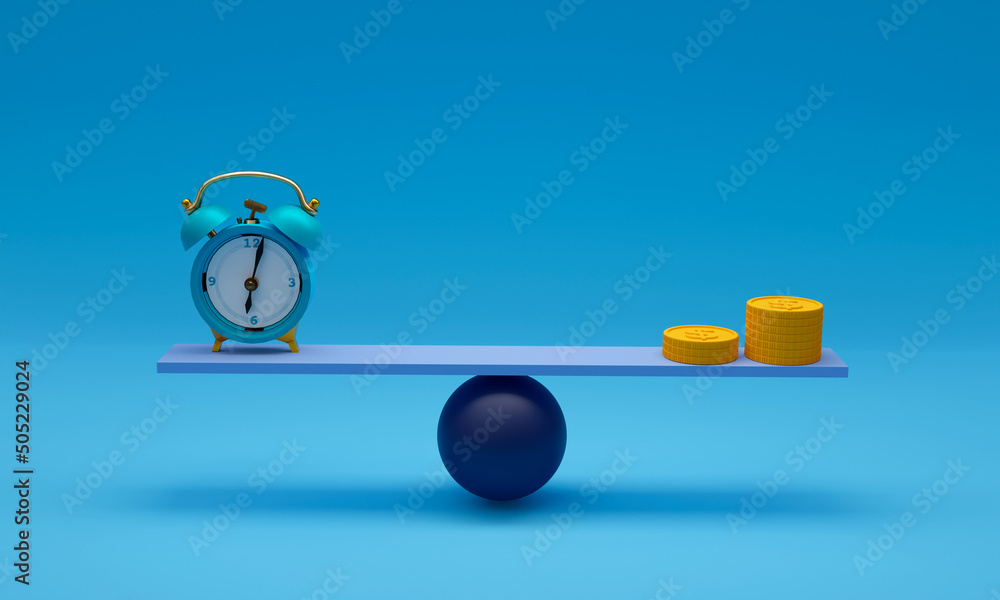 3d illustration, golden coins, and clock balanced, concept of balance ...